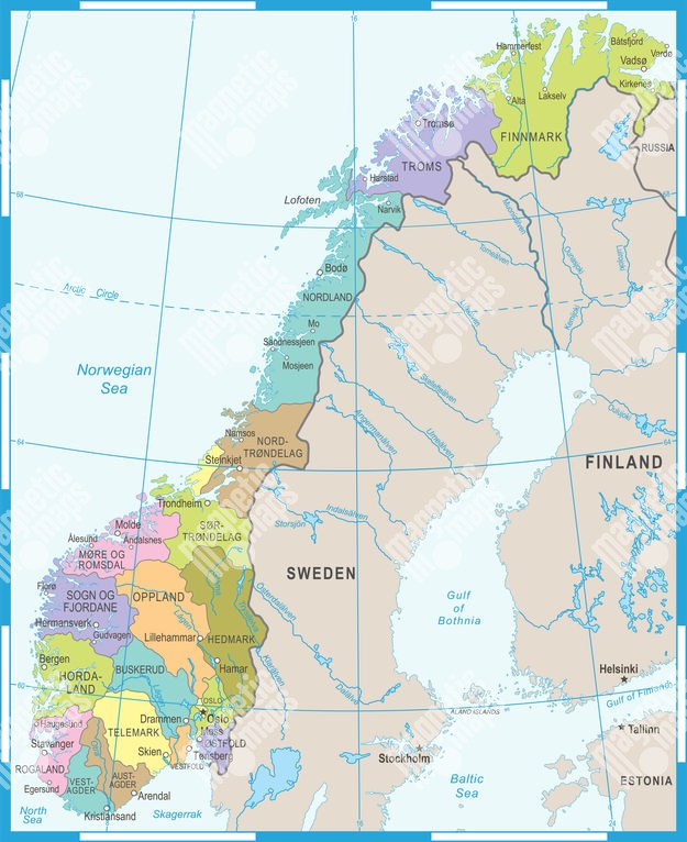 Magnetická mapa Nórska, detailná, farebná