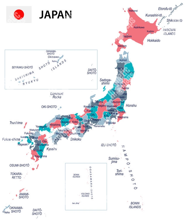 Magnetická mapa Japonska, detailná, farebná