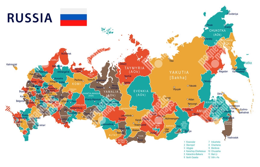Magnetická mapa Ruska, detailná, farebná
