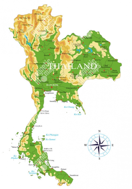 Magnetická mapa Thajska, geografická, reliéfna