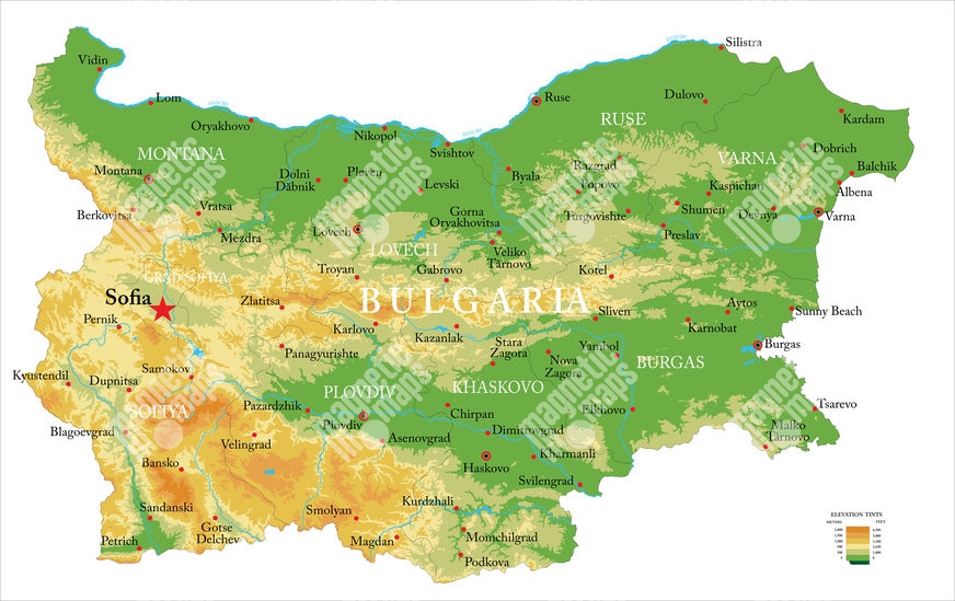 Magnetická mapa Bulharska, geografická, reliéfna