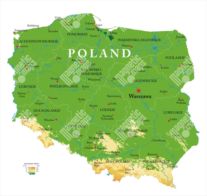 Magnetická mapa Poľska, geografická, reliéfna