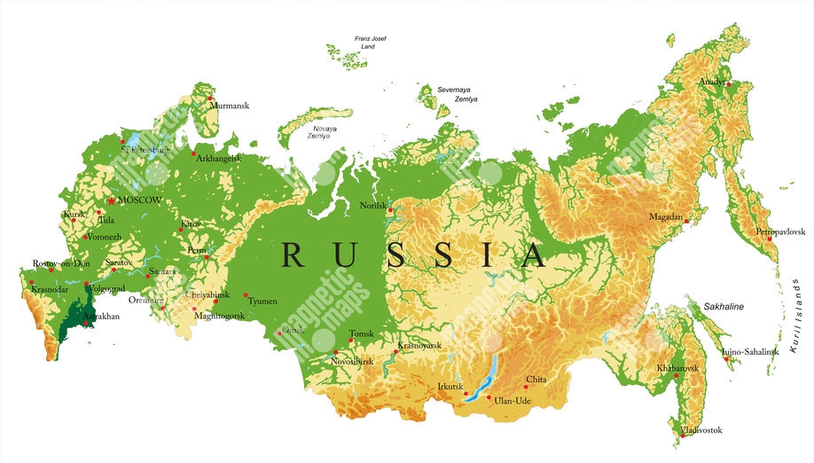 Magnetická mapa Ruska, geografická, reliéfne