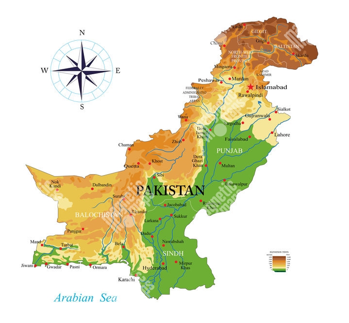 Magnetická mapa Pakistanu, geografická, reliéfna