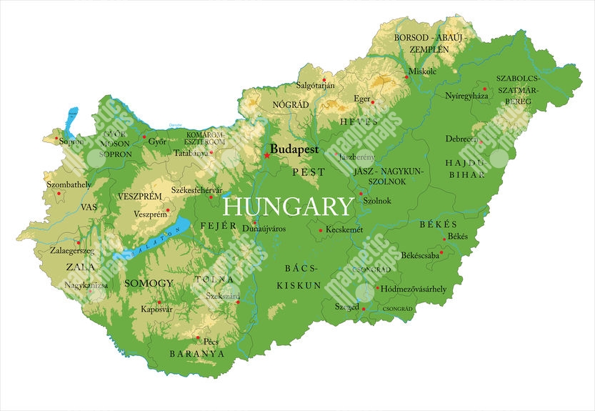 Magnetická mapa Maďarska, geografická, reliéfna