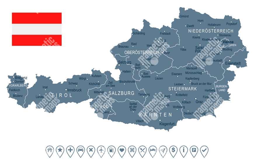 Magnetická mapa Rakúska, ilustrovaná, šedá