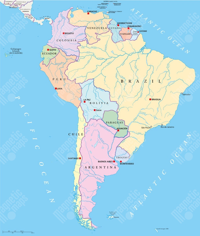 Magnetická mapa Južnej Ameriky, politická, rieky