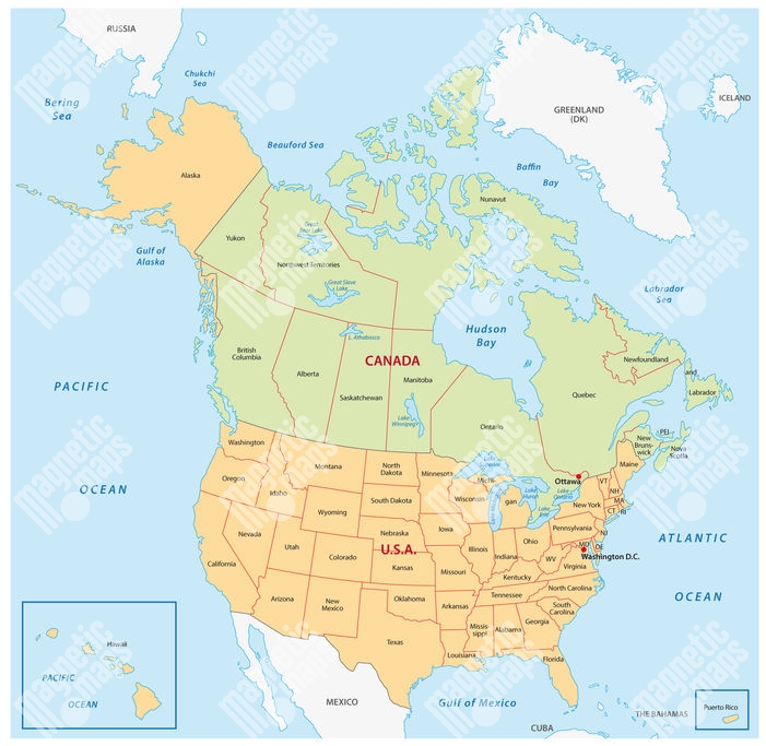 Magnetická mapa Severnej Ameriky, politická, farebná