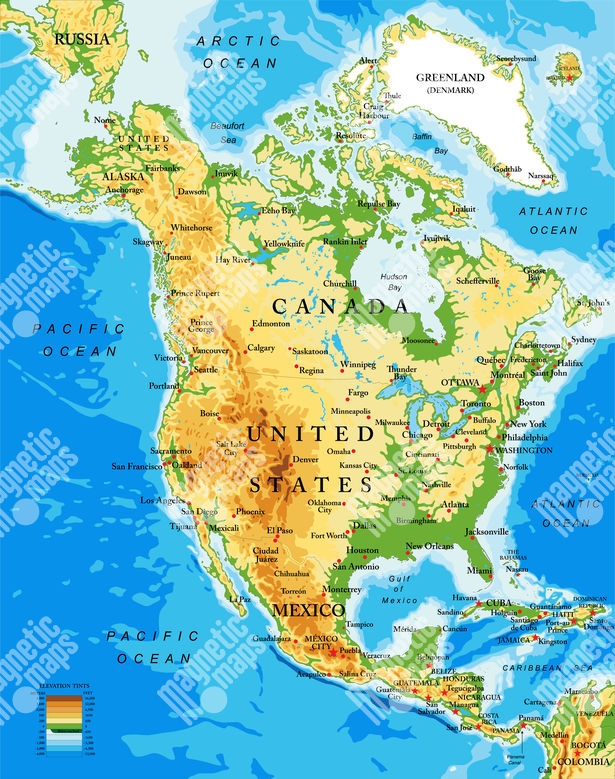 Magnetická mapa Severnej Ameriky, geografická, farebná