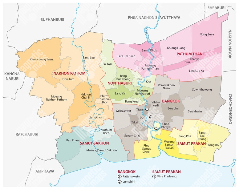 Magnetická mapa Bangkoku, administratívna, farebná