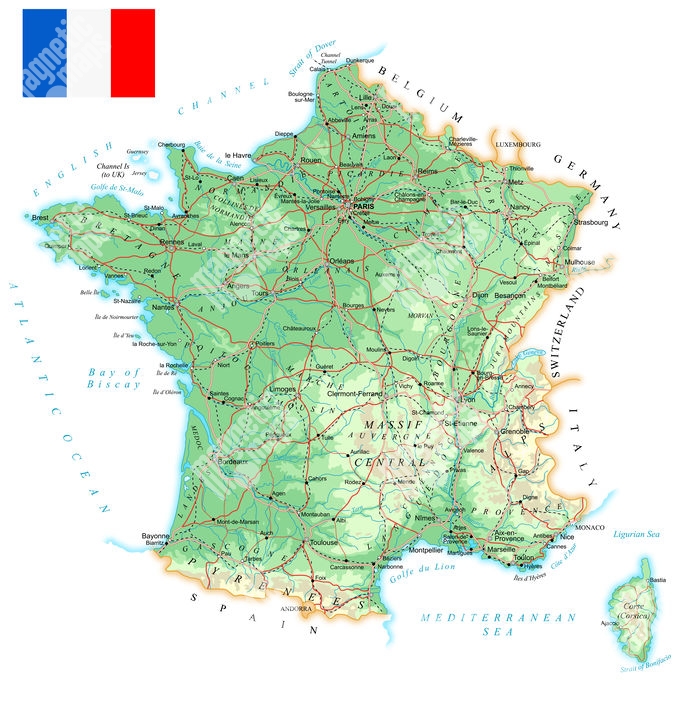 Magnetická mapa Francúzska, geografická, farebná