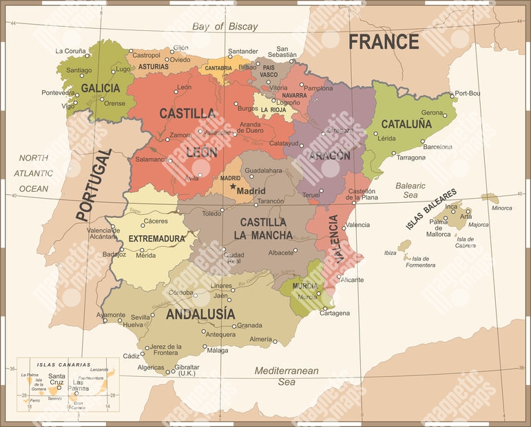 Magnetická mapa Španielska, vintage, farebná
