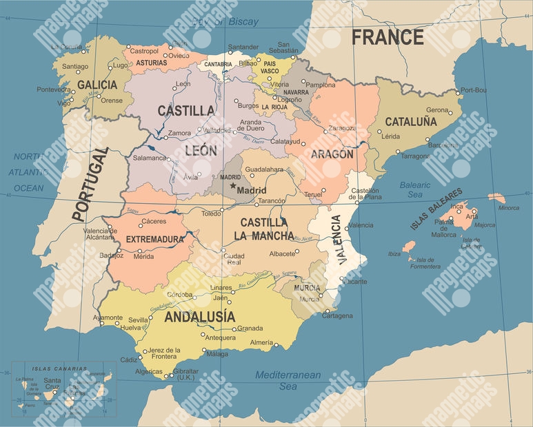 Magnetická mapa Španielska, vintage, farebná