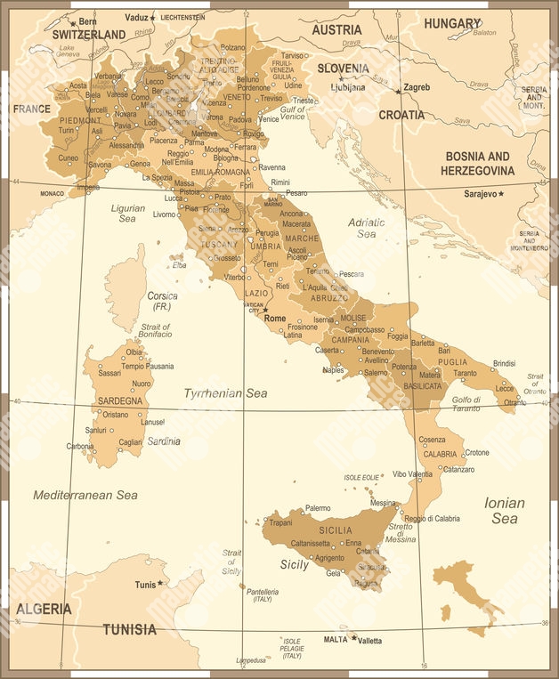 Magnetická mapa Talianska, vintage, béžová