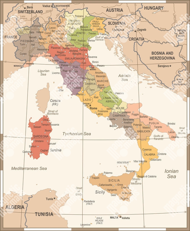 Magnetická mapa Talianska, vintage, farebná