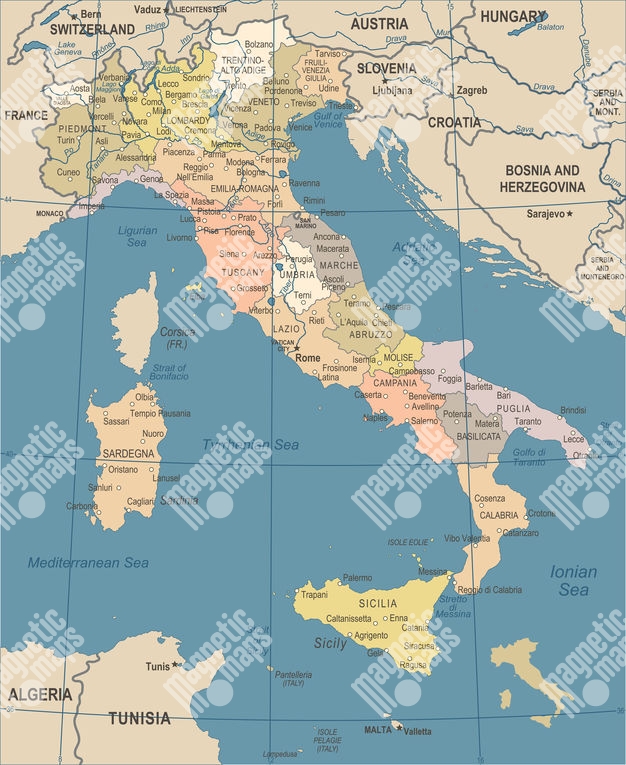 Magnetická mapa Talianska, vintage, farebná
