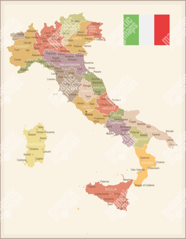 Magnetická mapa Talianska, ilustrovaná, farebná