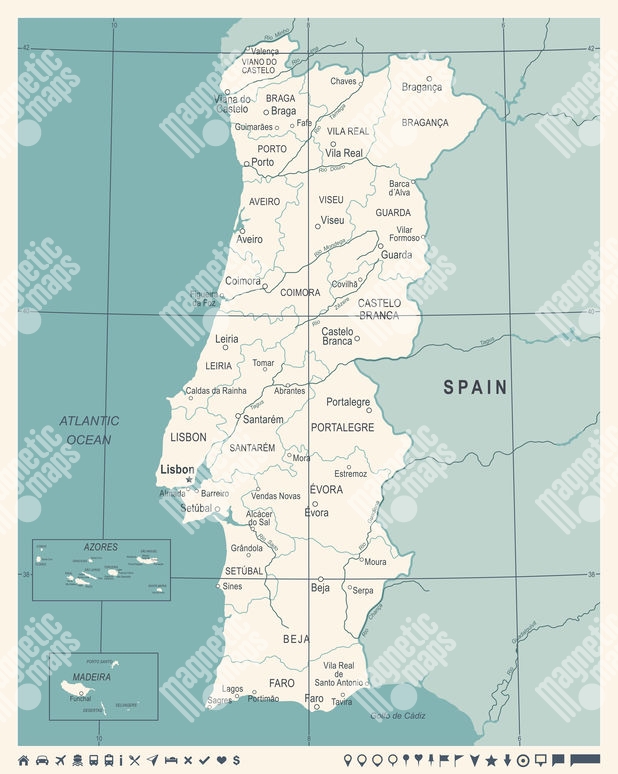 Magnetická mapa Portugalska, ilustrovaná, bielo-modrá