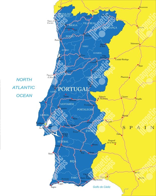 Magnetická mapa Portugalska, administratívna, modrá