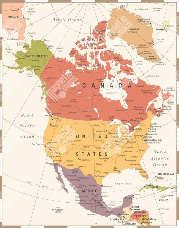 Magnetická mapa Severnej Ameriky, vintage, farebná