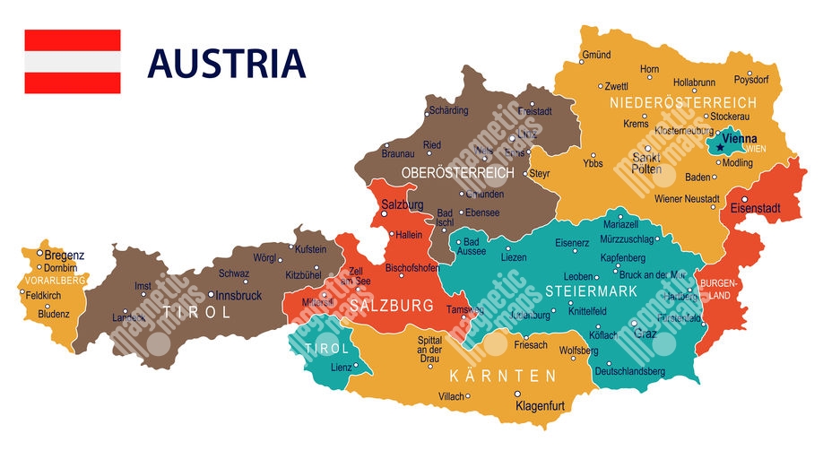 Magnetická mapa Rakúska, ilustrovaná, farebná