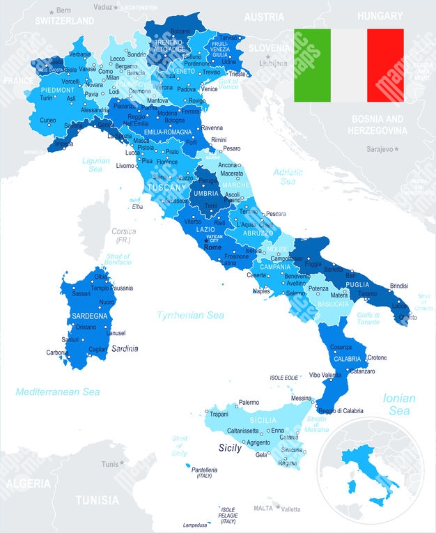 Magnetická mapa Talianska, ilustrovaná, modrá
