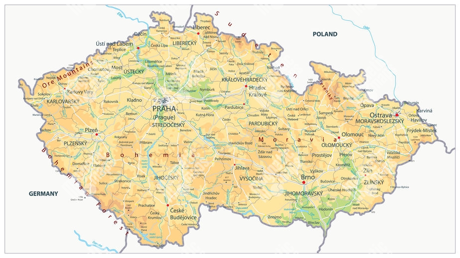 Magnetická mapa Česka, geografická, s popisom