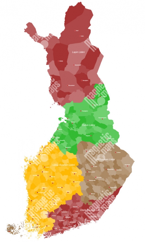 Magnetická mapa Fínska, administratívna, farebná