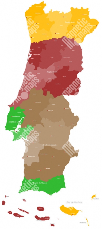 Magnetická mapa Portugalska, administratívna, farebná