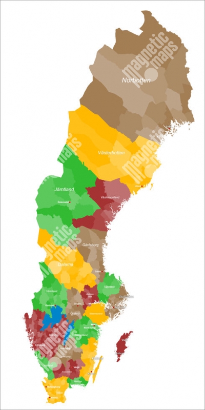 Magnetická mapa Švédska, administratívna, farebná